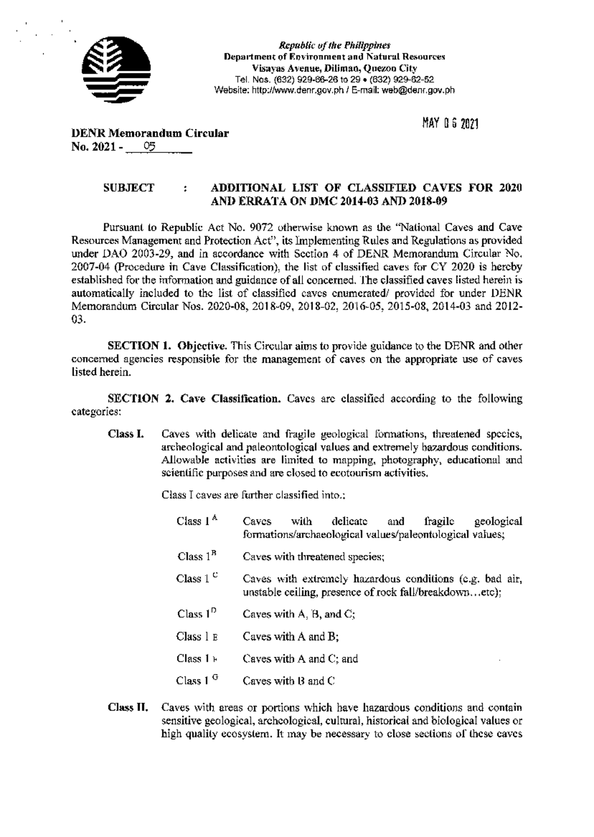 Additional LIST OF Classified Caves FOR 2020 AND Errata ON DMC 2014-03 AND 2018-09 - Studocu
