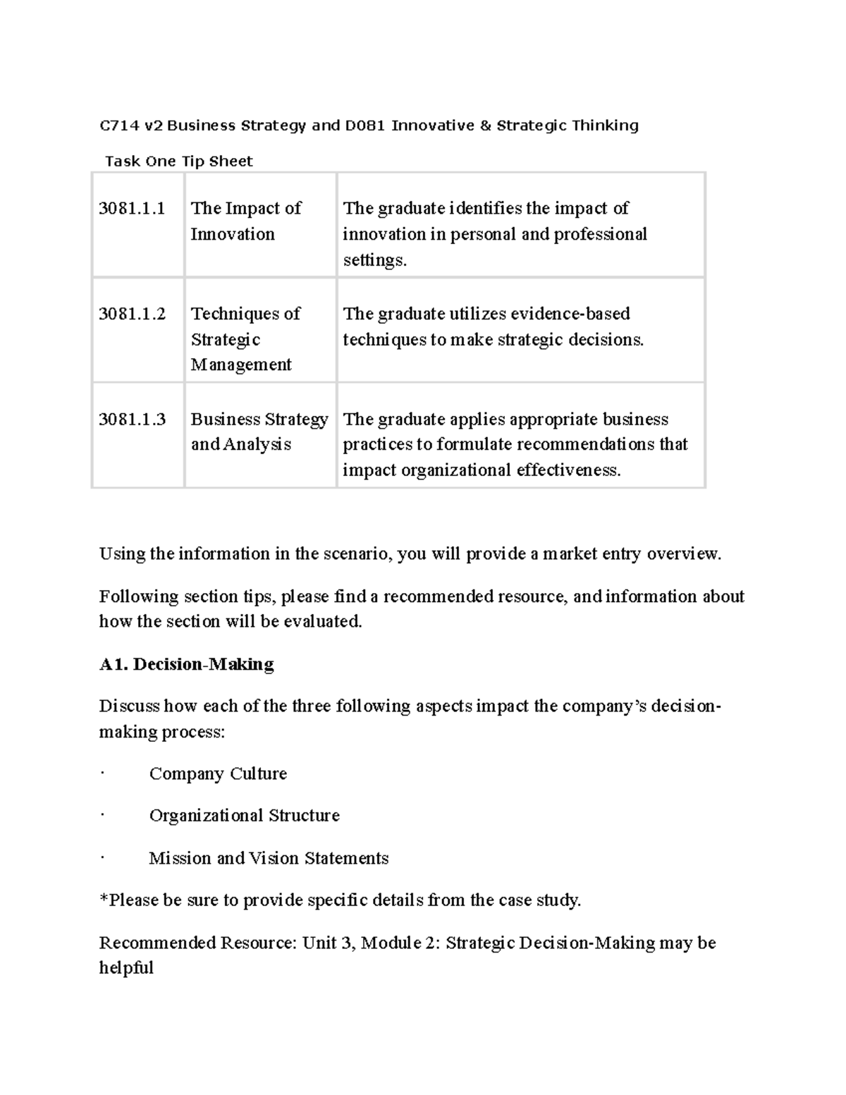 C714 v2 Task One Tip Sheet - C714 v2 Business Strategy and D081 ...