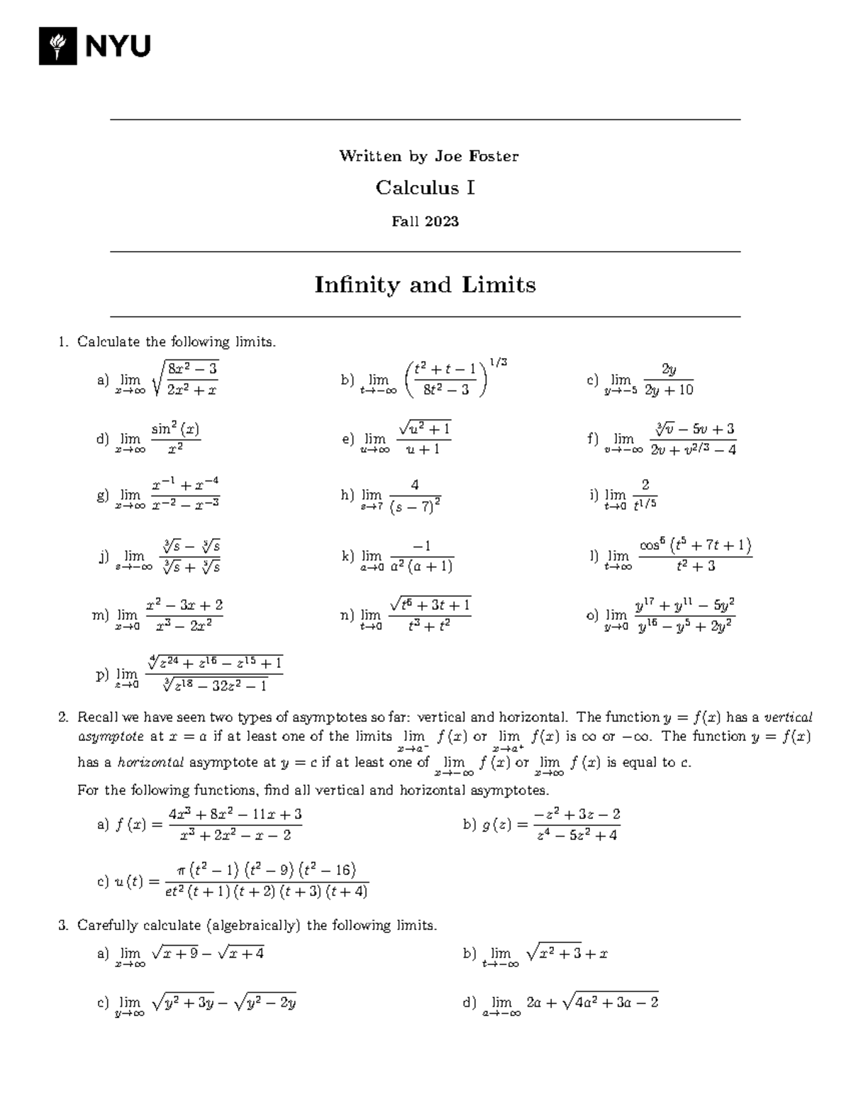 Worksheet 3 - Infinity and Limits - Copy - Written by Joe Foster ...