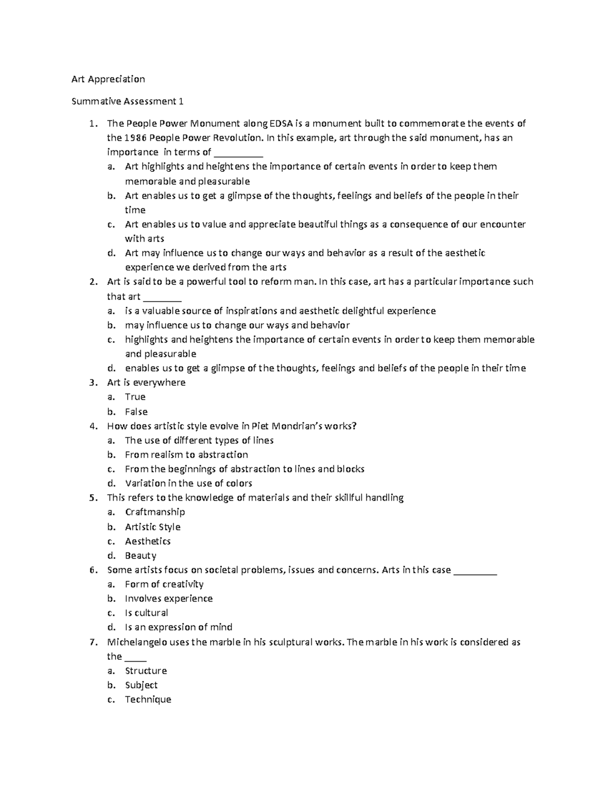 Art Appreciation Summative Assessment 1 - In this example, art through ...