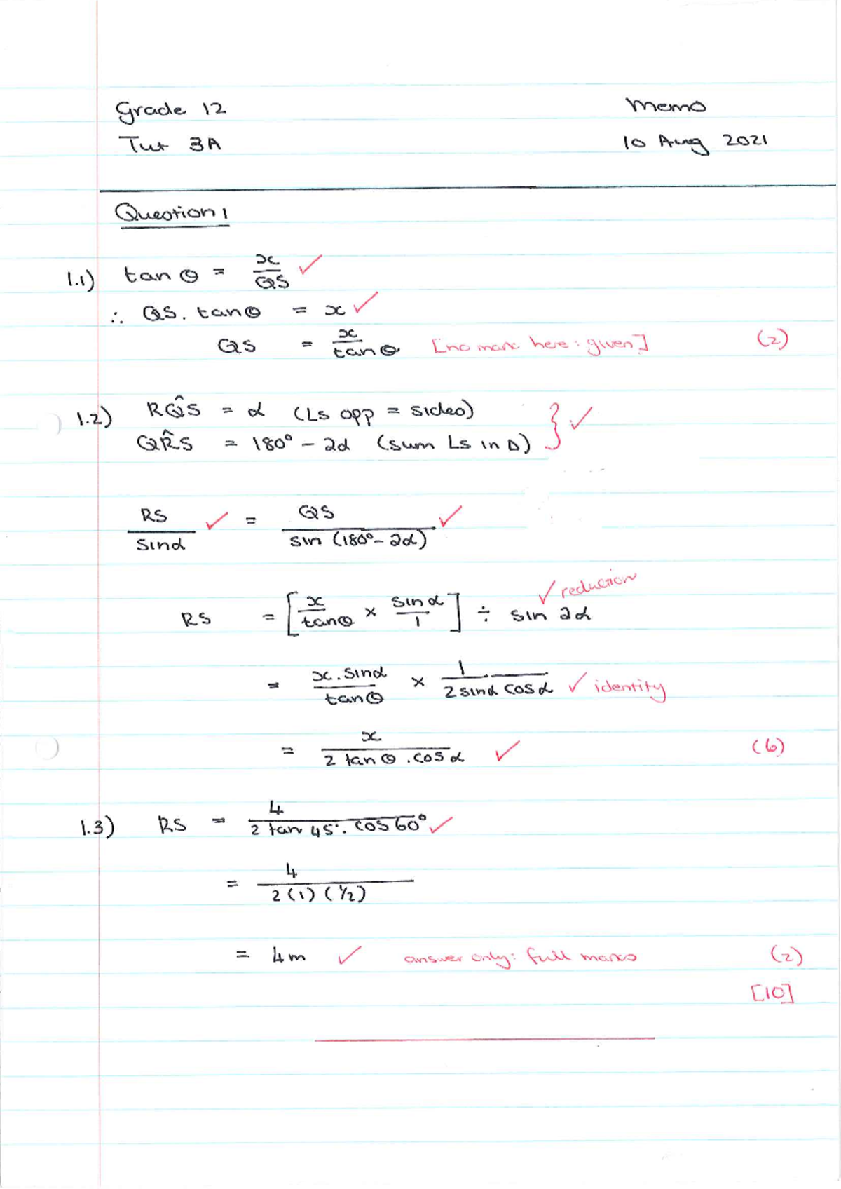 Tut 3A Tut Memo (12) - Maths tut - grade 12 memo Tut 3A 10 Aug 2021 ...