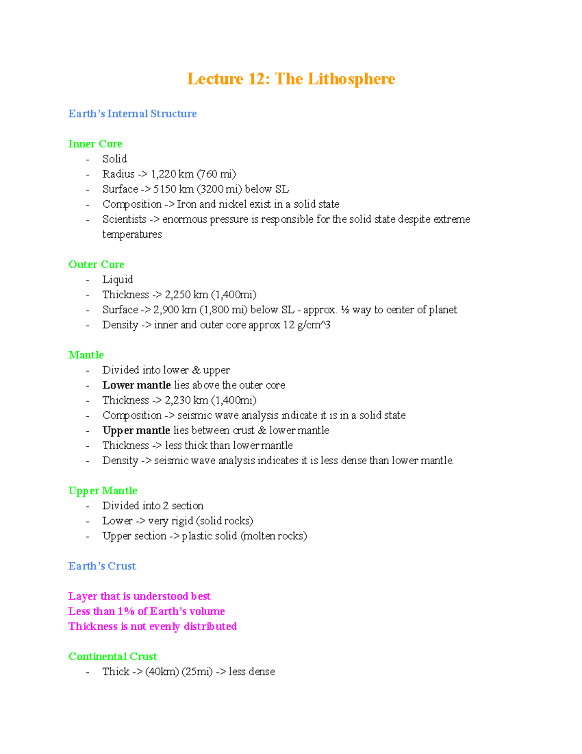 Lecture 12-18 notes - Lecture 12: The Lithosphere Earth’s Internal ...