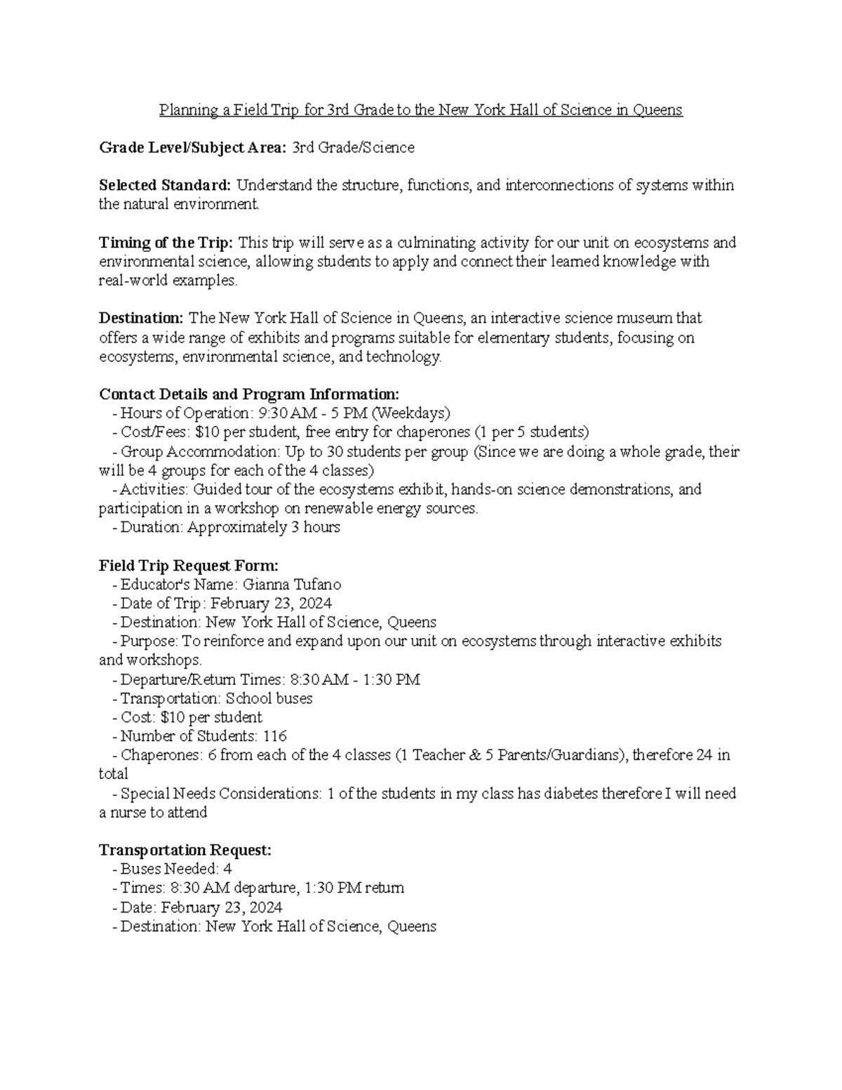 Field Trip Midterm copy - Planning a Field Trip for 3rd Grade to the ...
