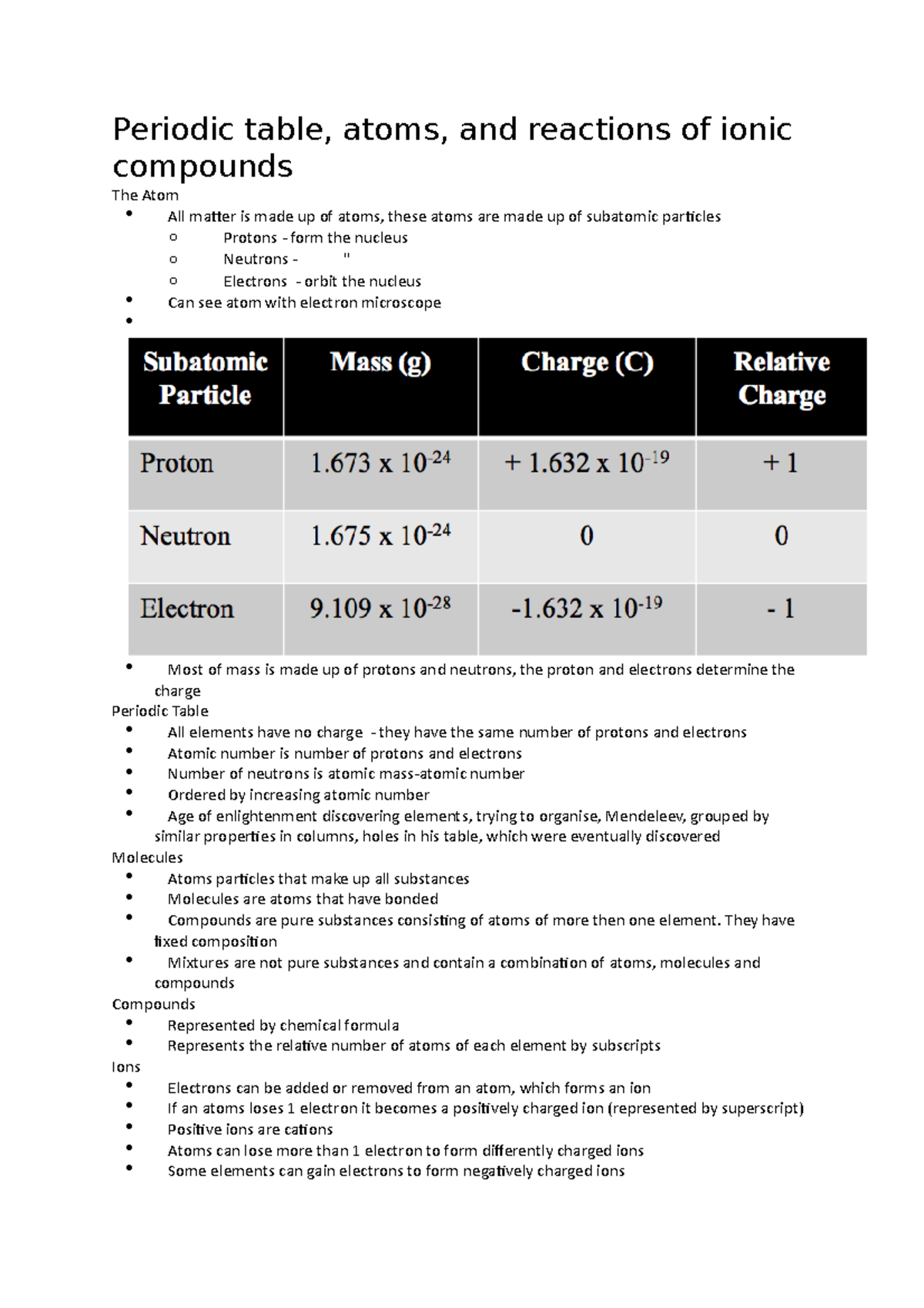 Lecture 1: Periodic table, atoms, and reactions of ionic compounds ...
