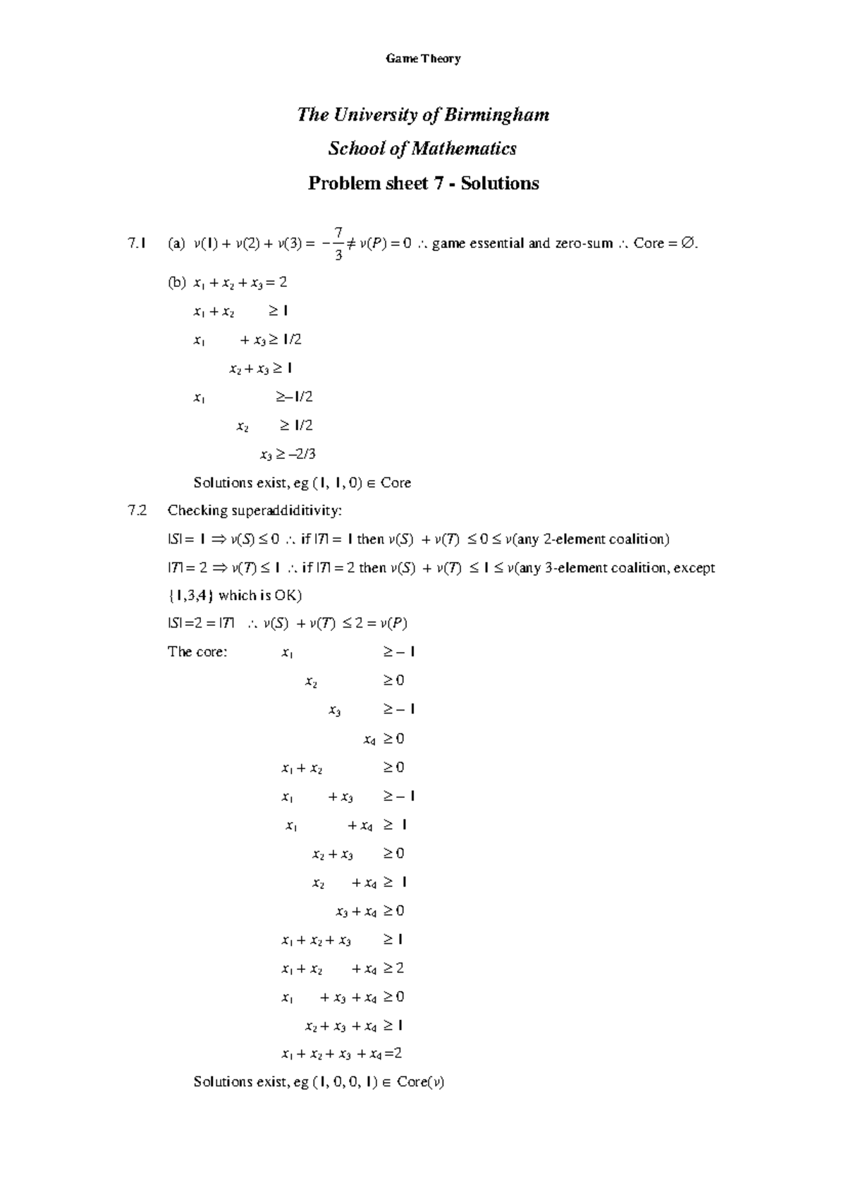 Problem Sheet 07 - Solutions - Game Theory The University of Birmingham ...