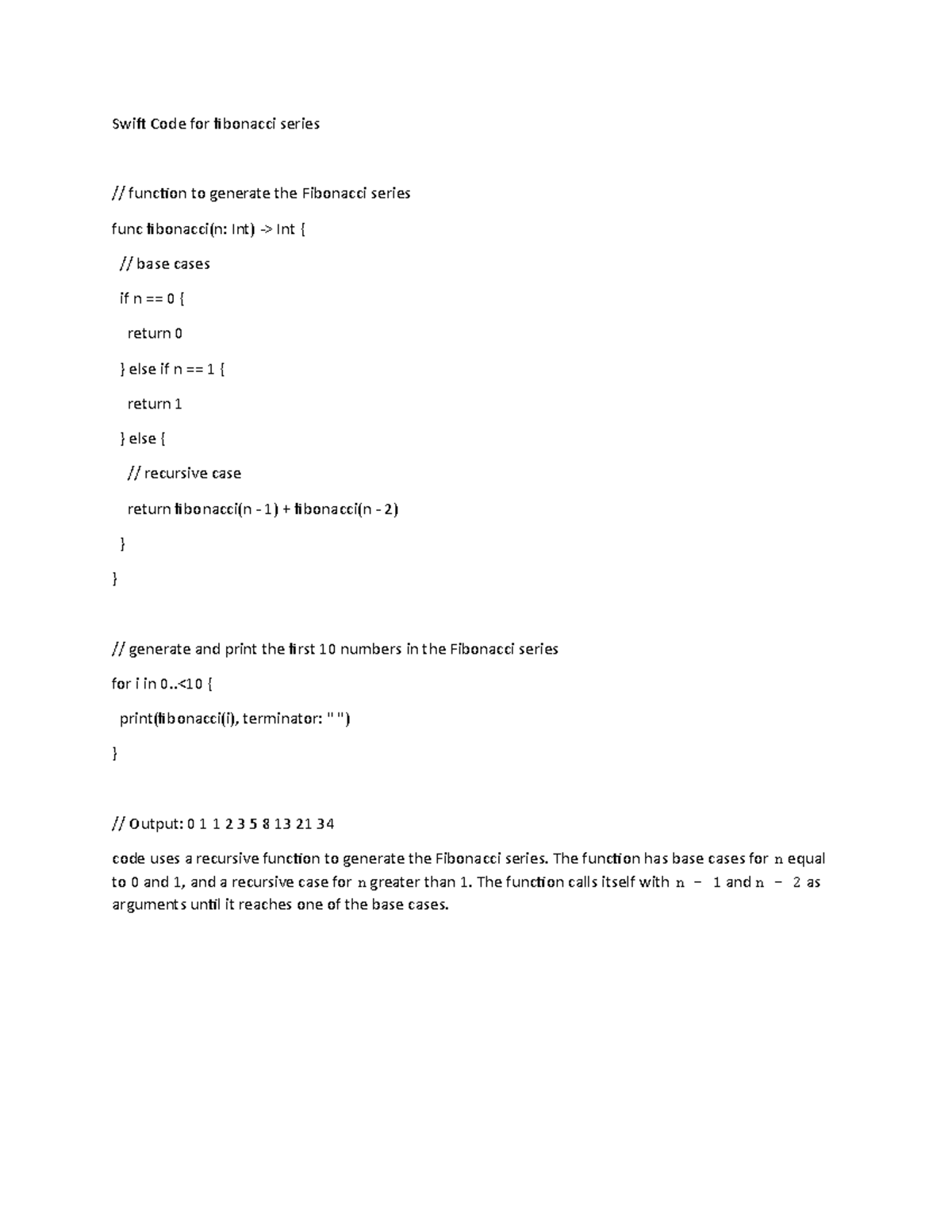 Swift Code for Fibonacci series