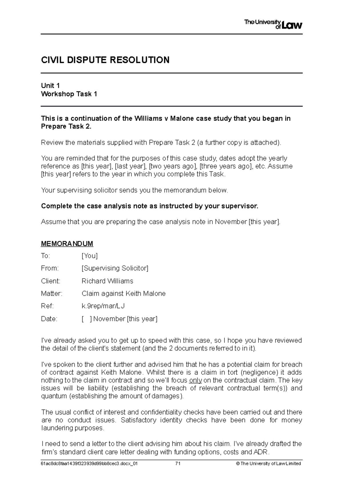 2223 civ ws01 ce01 task 01 - CIVIL DISPUTE RESOLUTION Unit 1 Workshop Task 1 This is a ...