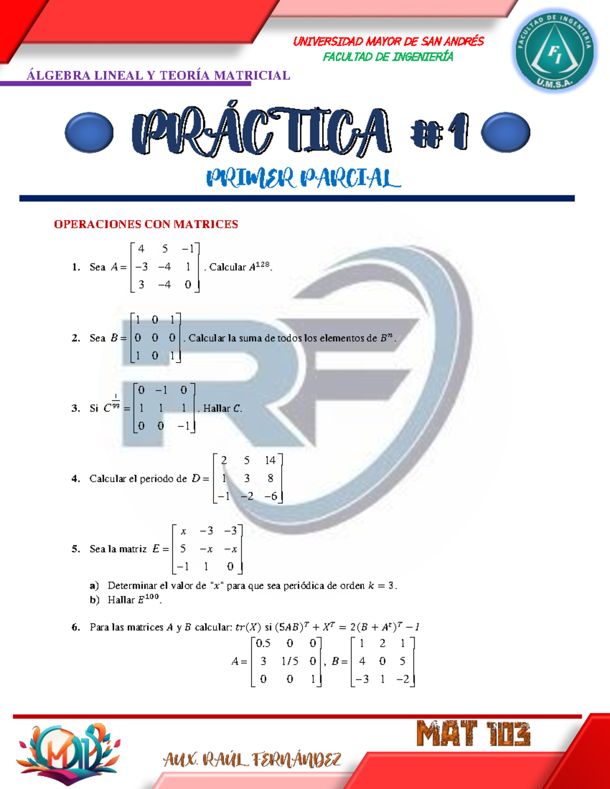 Practica 1 Primer Parcial - FACULTAD DE INGENIERÍA ÁLGEBRA LINEAL Y TEORÍA MATRICIAL ...