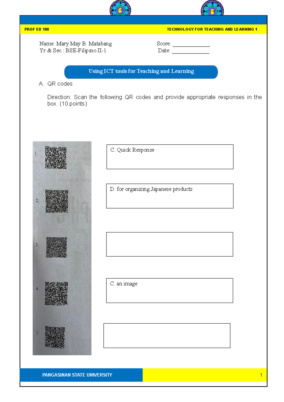 Activity - ICT Tools for Teaching and Learning - A. QR codes Direction ...