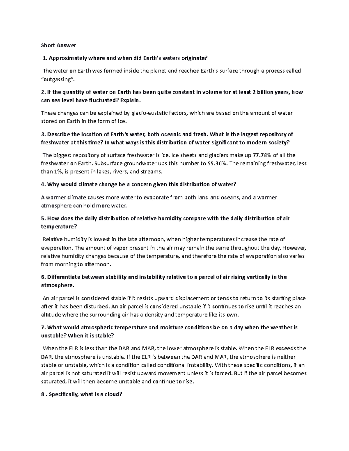 Physical Geography (Homework Four) - Short Answer 1. Approximately ...