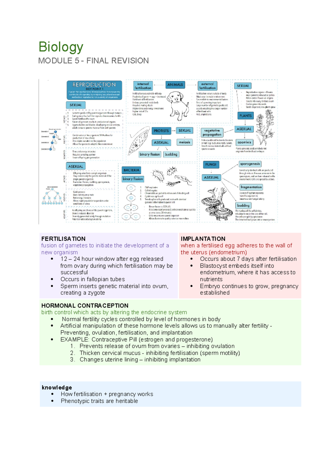 Module 5 Summary - Biology MODULE 5 - FINAL REVISION FERTILISATION ...
