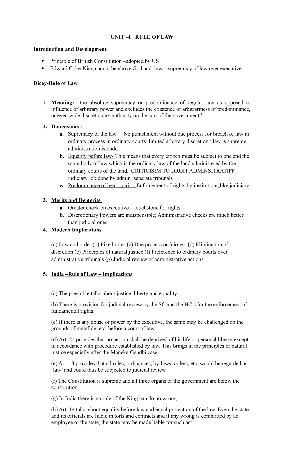 Unit I Rule of Law - Administrative Law - UNIT –I RULE OF LAW Introduction and Development - Studocu