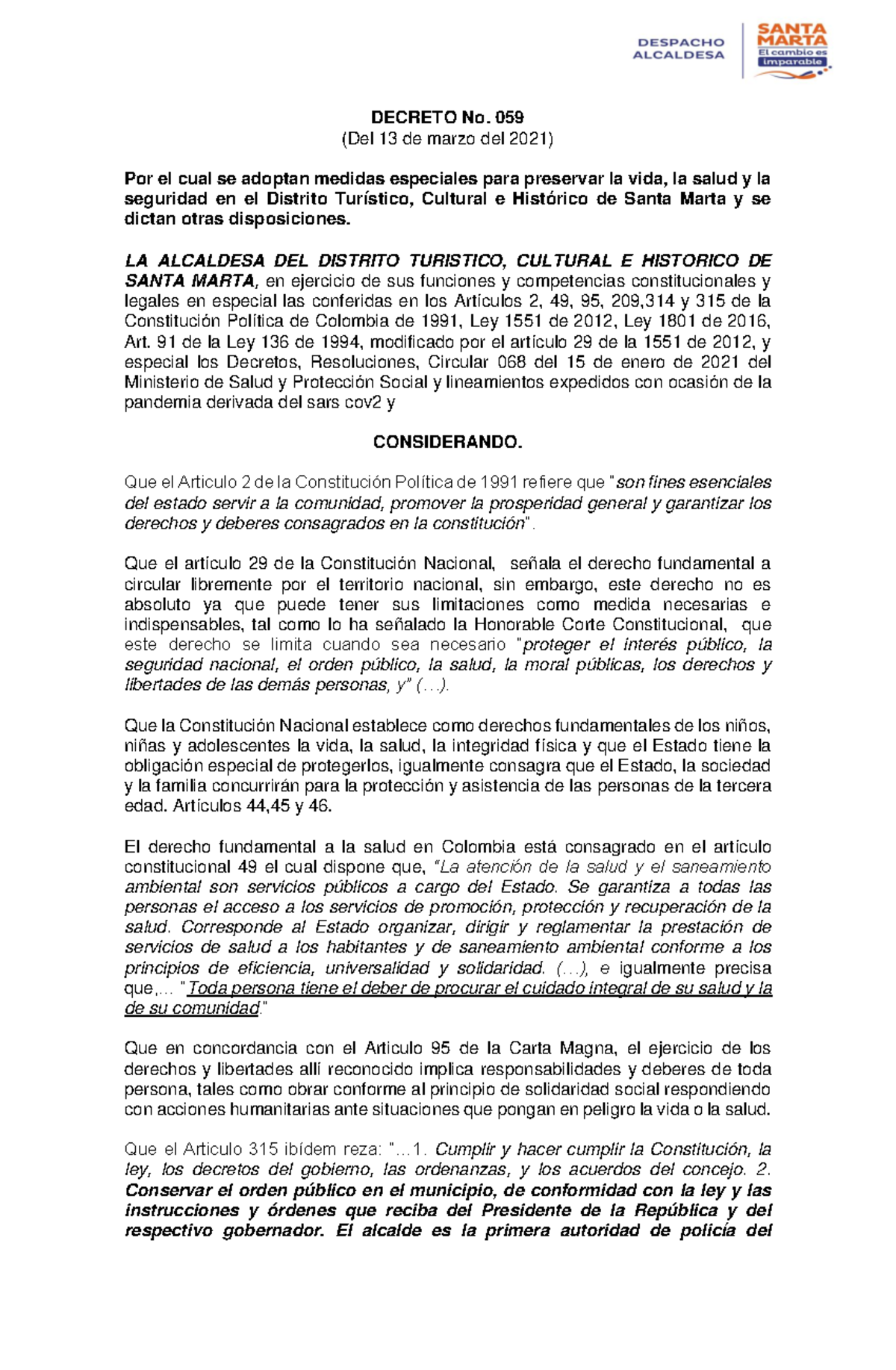 Decreto No. 059 - xxxxxxxxxxxxxxxxx - (Del 13 de marzo del 2021) Por el ...