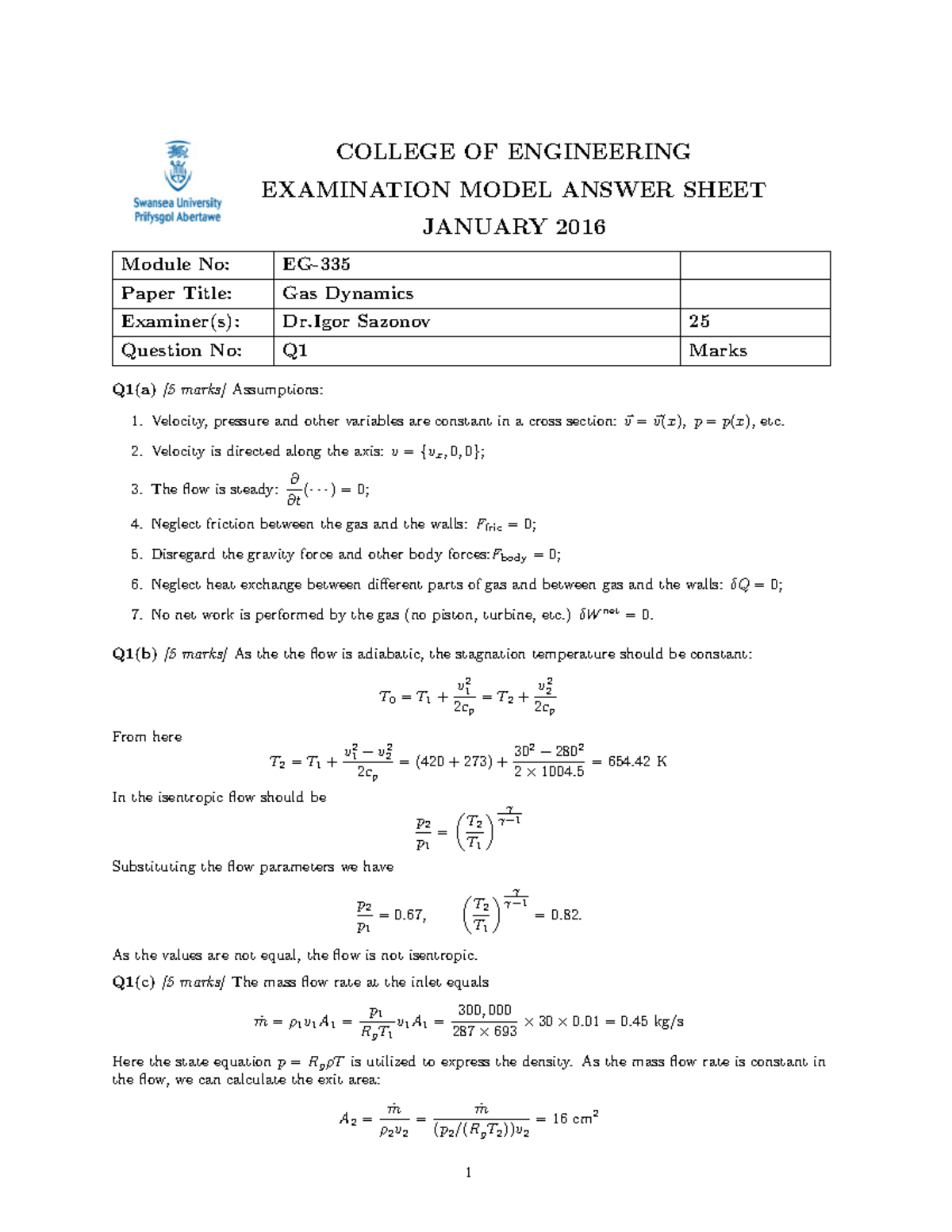Exam January 2016, answers - COLLEGE OF ENGINEERING EXAMINATION MODEL ...