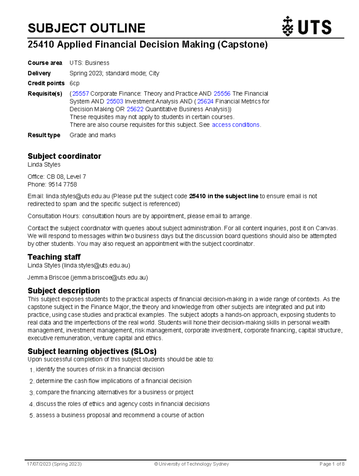 subject in detail - SUBJECT OUTLINE 25410 Applied Financial Decision ...