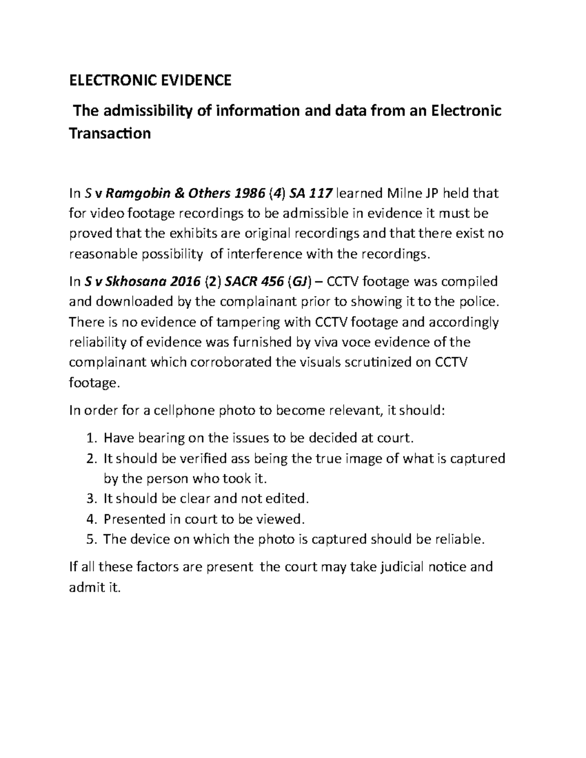 Lesson 5- Electronic Evidence - ELECTRONIC EVIDENCE The admissibility ...