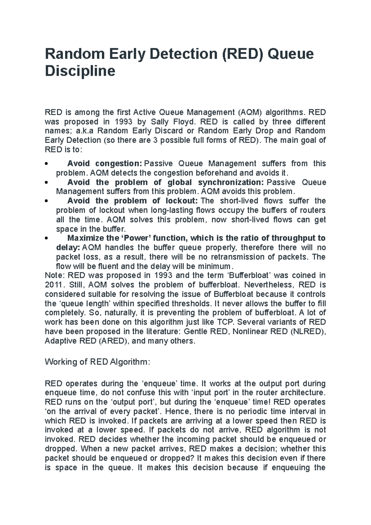 Congestion avoidance mechanism - Random Early Detection (RED) Queue ...