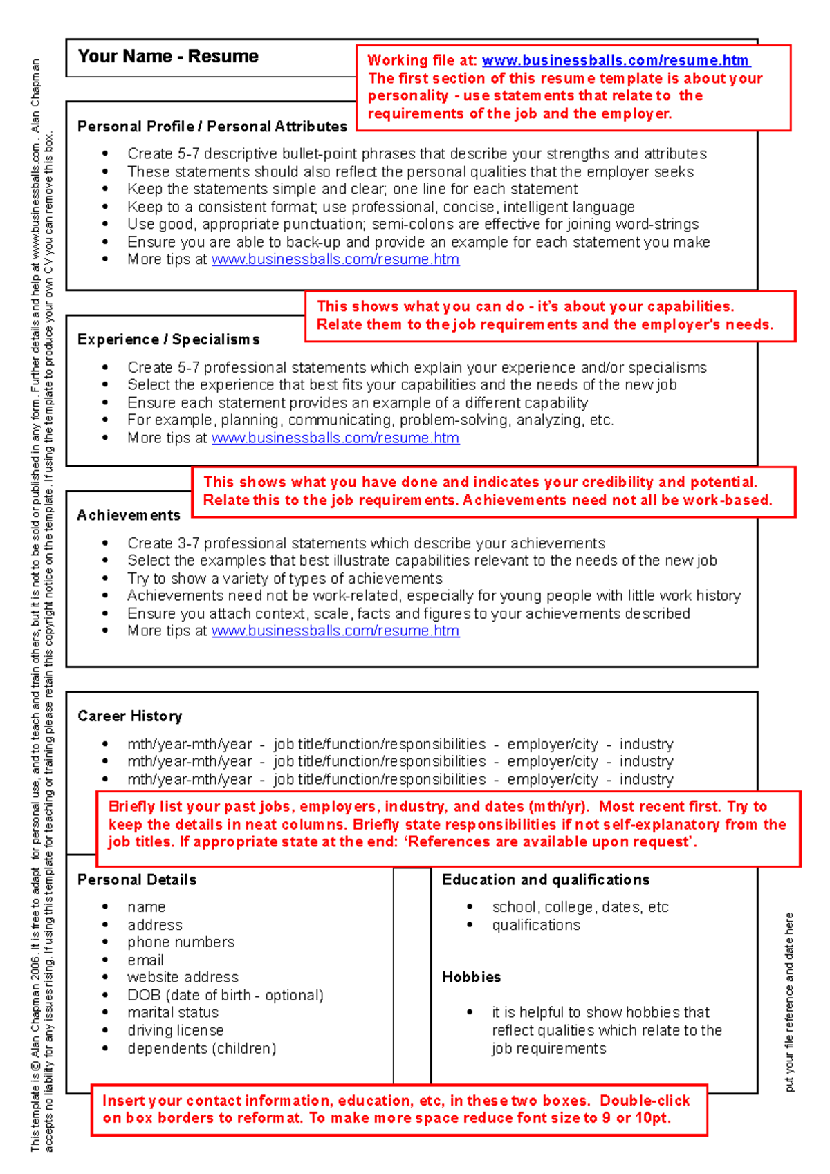 Free resumes sample template - This template is © Alan Chapman 2006. It ...