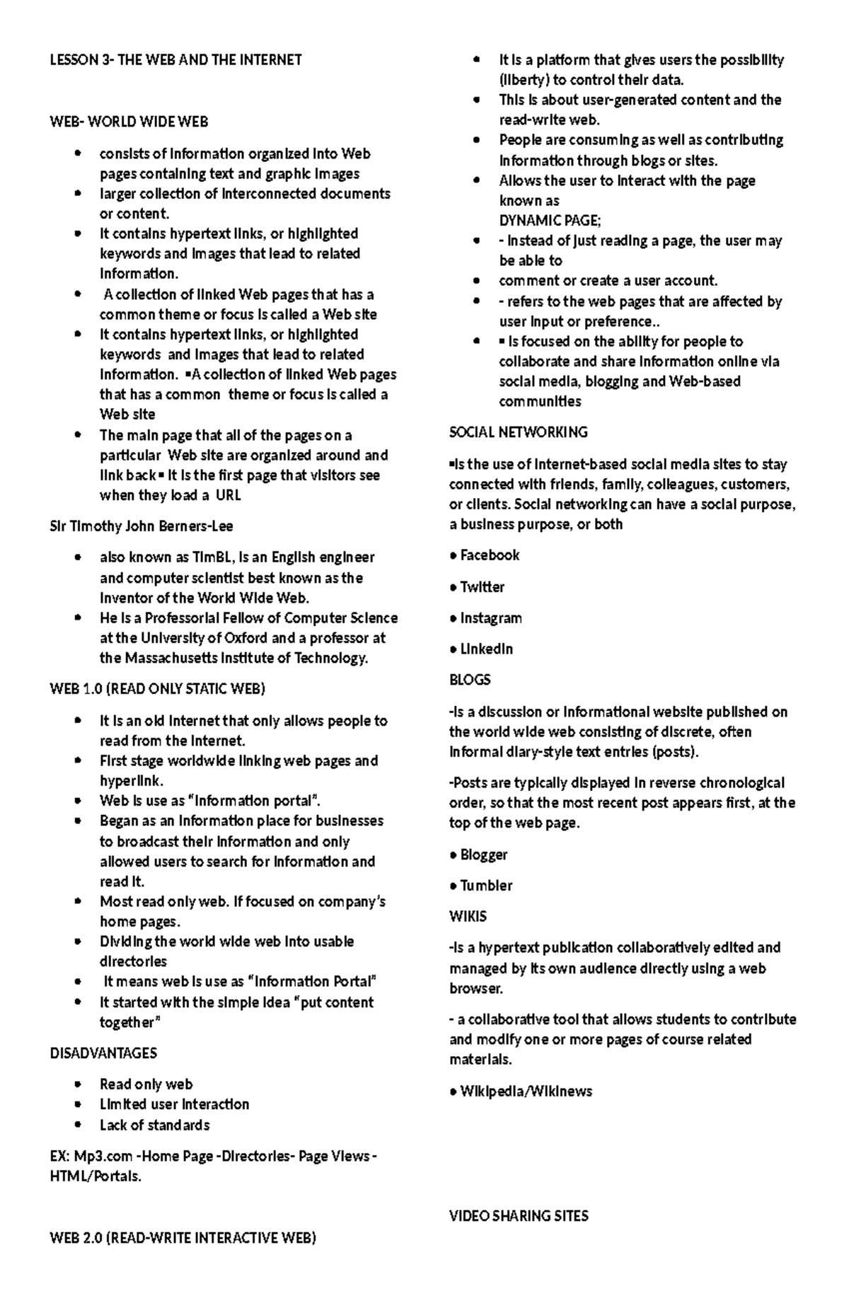 Lesson 3 It Lecturenotes Lesson 3 The Web And The Internet Web World Wide Web Consists Of