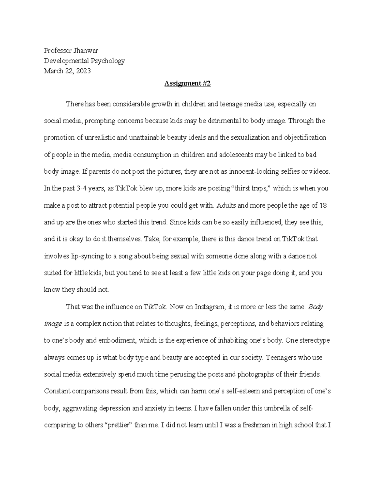 Assignment 2 Developmental Psych - Professor Jhanwar Developmental ...