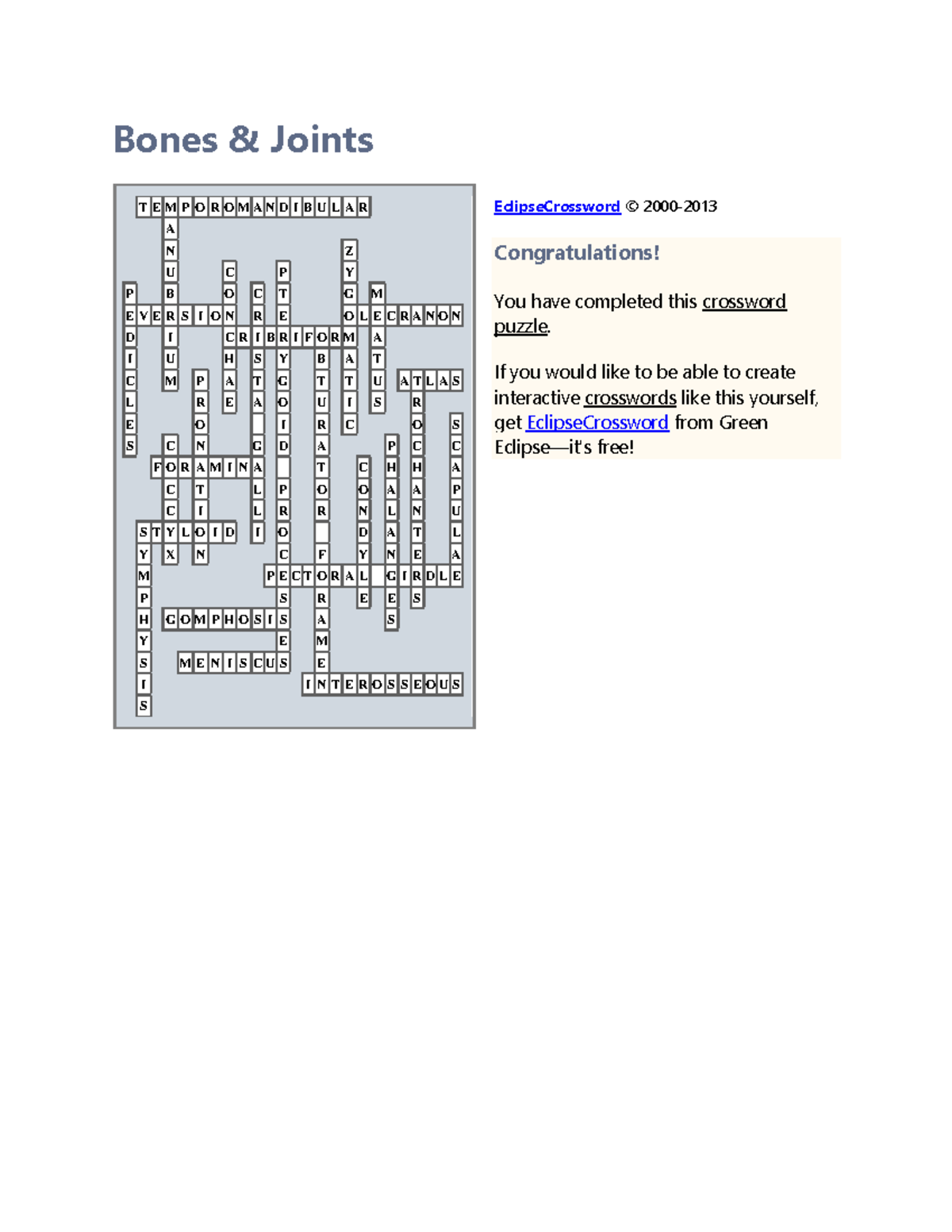Bones and Joints (puzzle 2) - Bones & Joints T E M P O R O M A N D I B ...