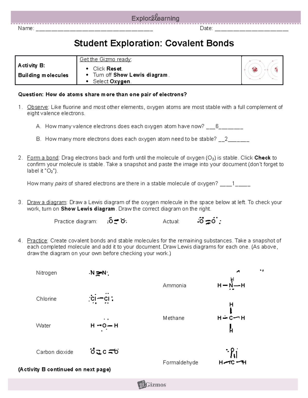 Explore Learning Covalent Bonds - Name ...