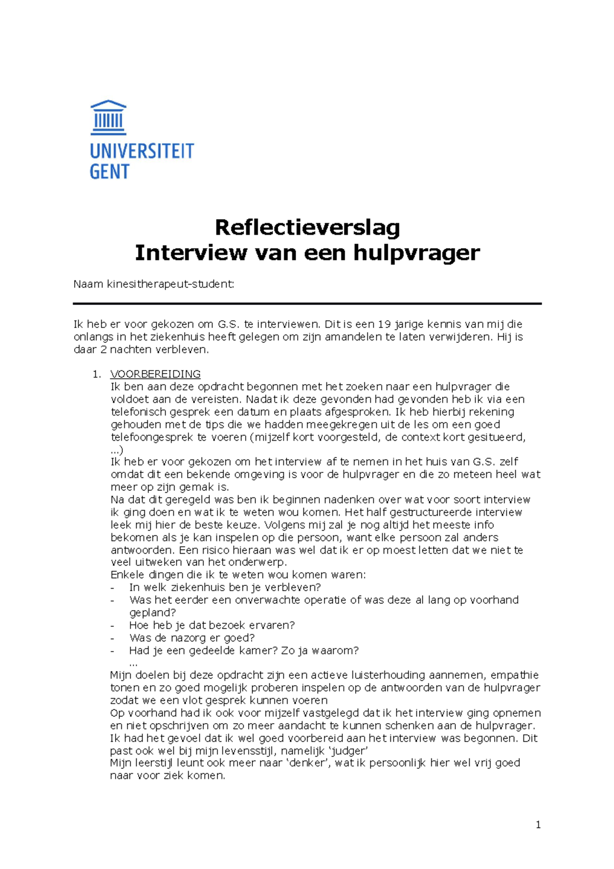 Reflectieverslag - Reflectieverslag Interview van een hulpvrager Naam ...