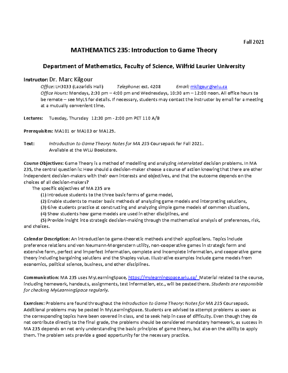 Course outline MA235 2021 - Fall 2021 MATHEMATICS 235: Introduction to ...