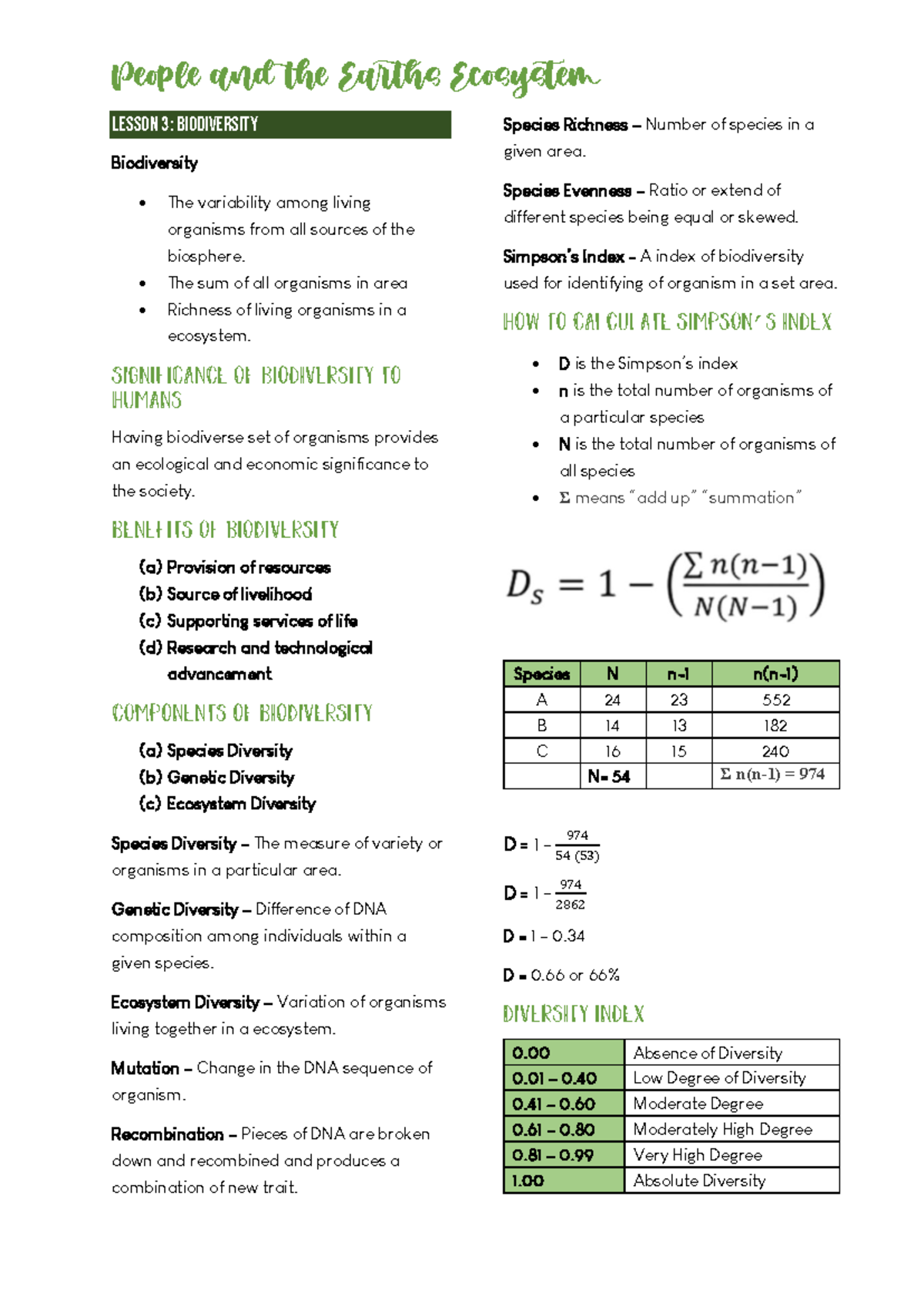 MST - Biodiversity & Simpson'S - People and the Earths Ecosystem Lesson ...