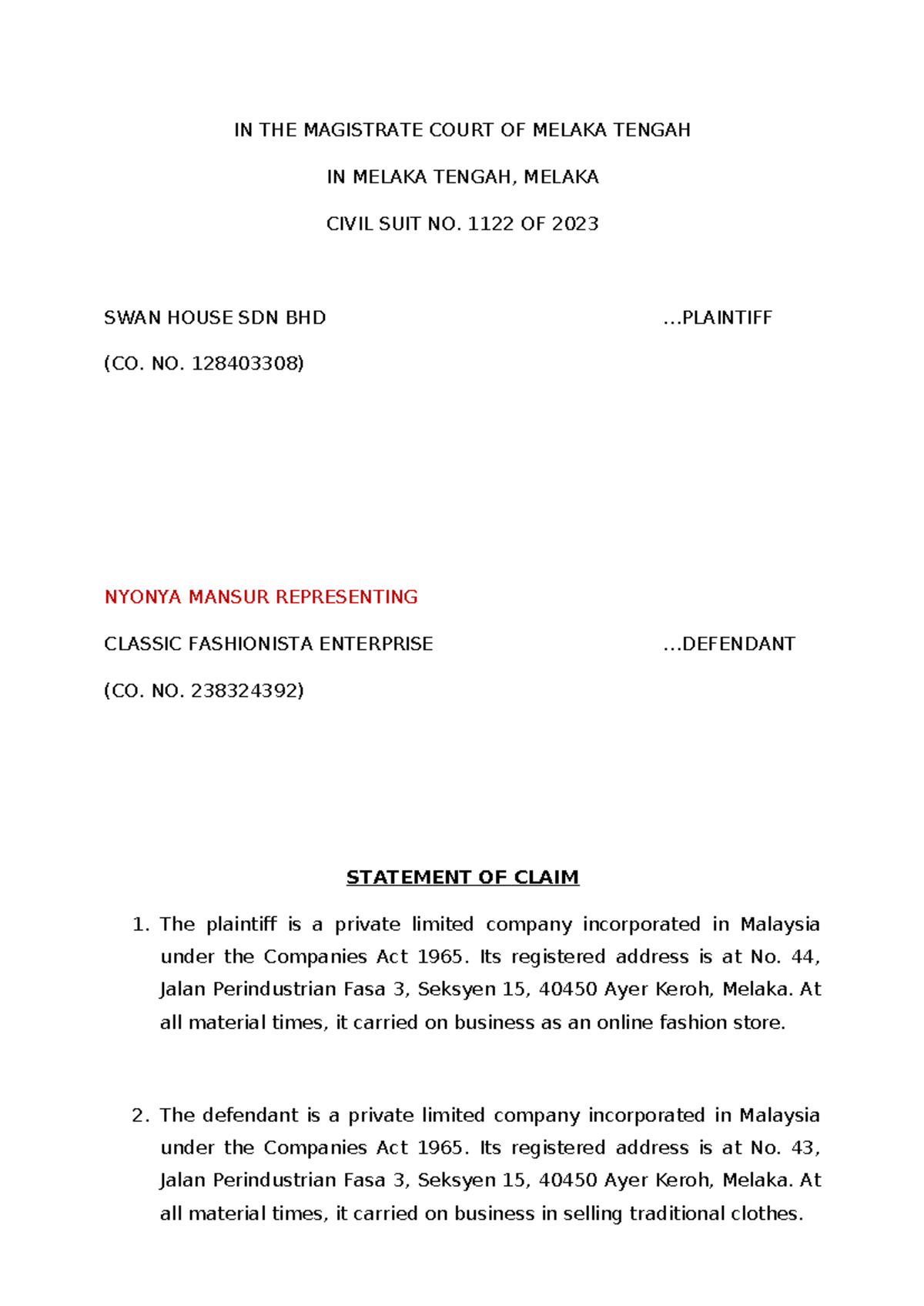 Pleadings - Statement of claim - Week 4 Tutorial - IN THE MAGISTRATE ...