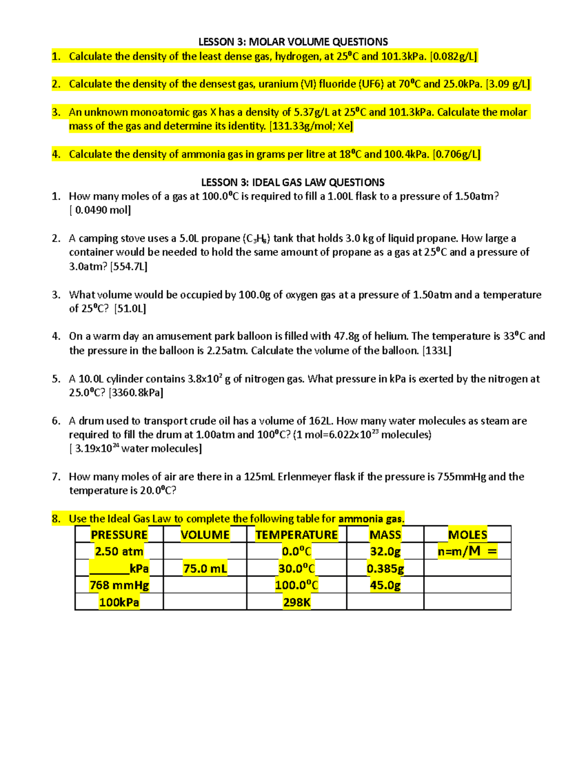 Molar Volume and PVn RT Practice Questions - LESSON 3: MOLAR VOLUME QUESTIONS Calculate the ...
