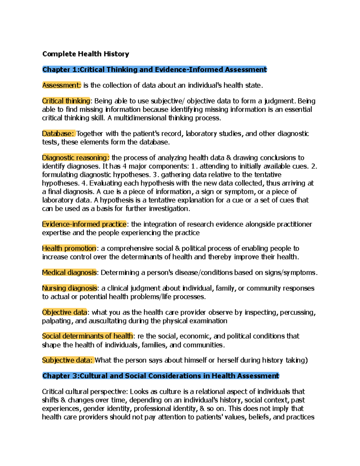 1014 - notes - Complete Health History Chapter 1:Critical Thinking and ...