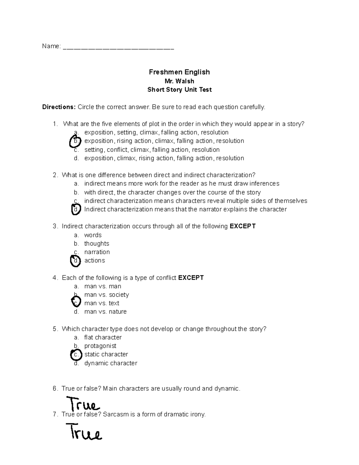Short Story Unit Test - Cock - Name ...