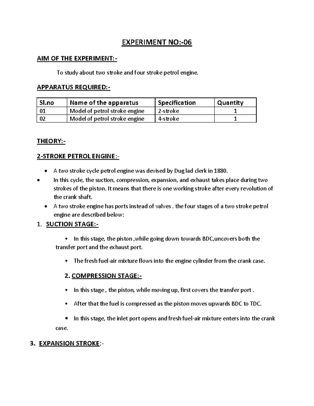 2-4 strokes - Heat engine practical - EXPERIMENT NO:- AIM OF THE EXPERIMENT:- To study about two ...