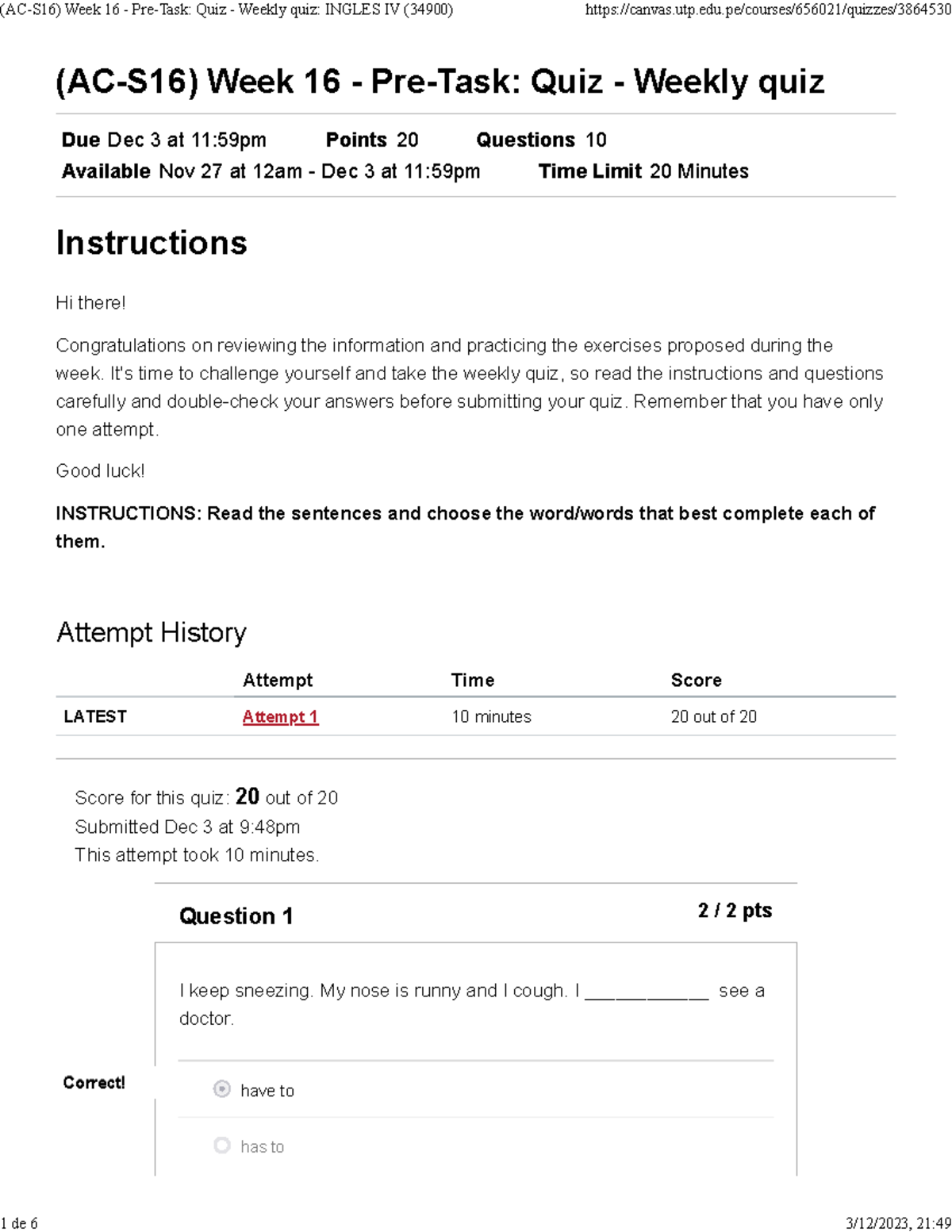 (AC-S16) Week 16 - Pre-Task Quiz - Weekly quiz Ingles IV - (AC-S16 ...