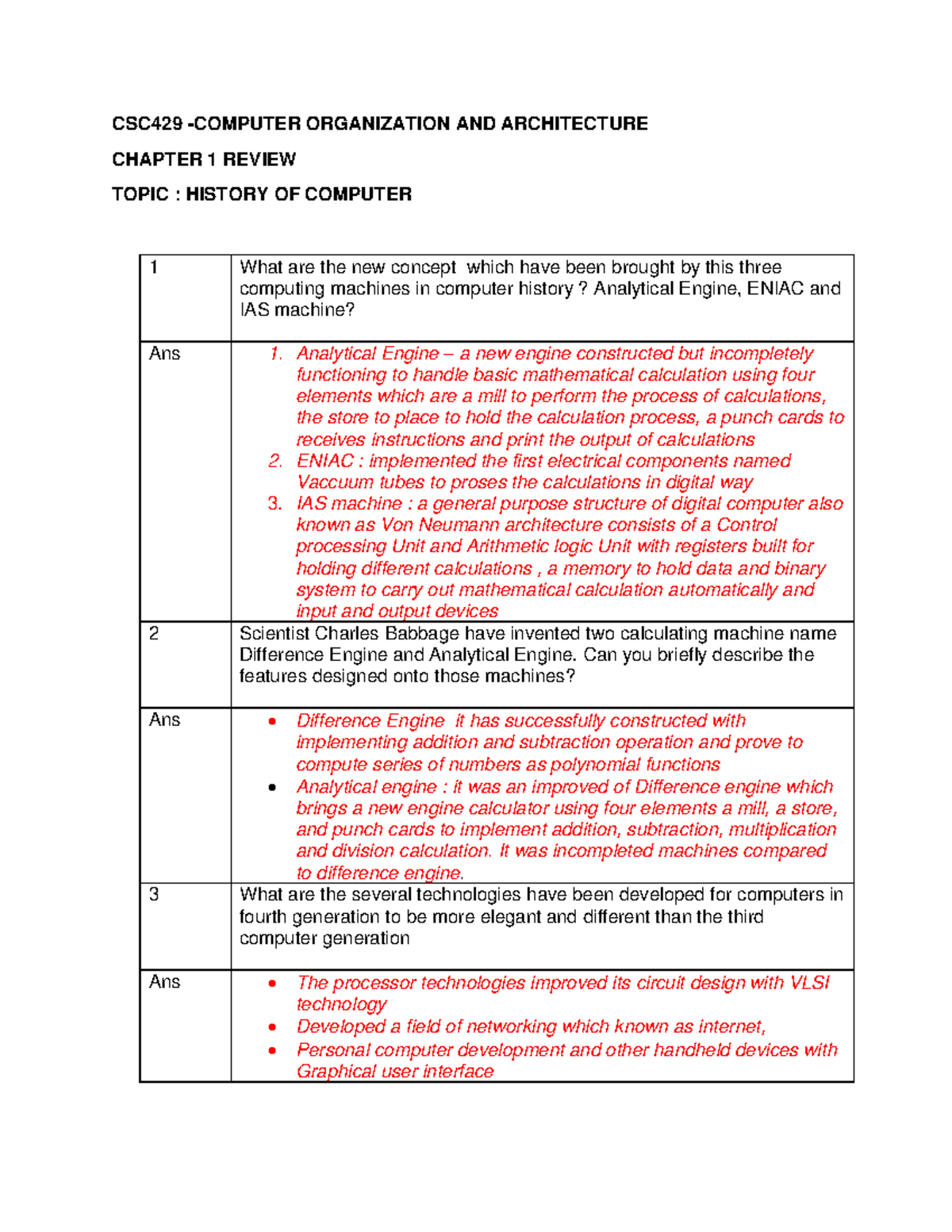 Chapter 1 Review 1 - CSC429 - COMPUTER ORGANIZATION AND ARCHITECTURE CHAPTER 1 REVIEW TOPIC ...