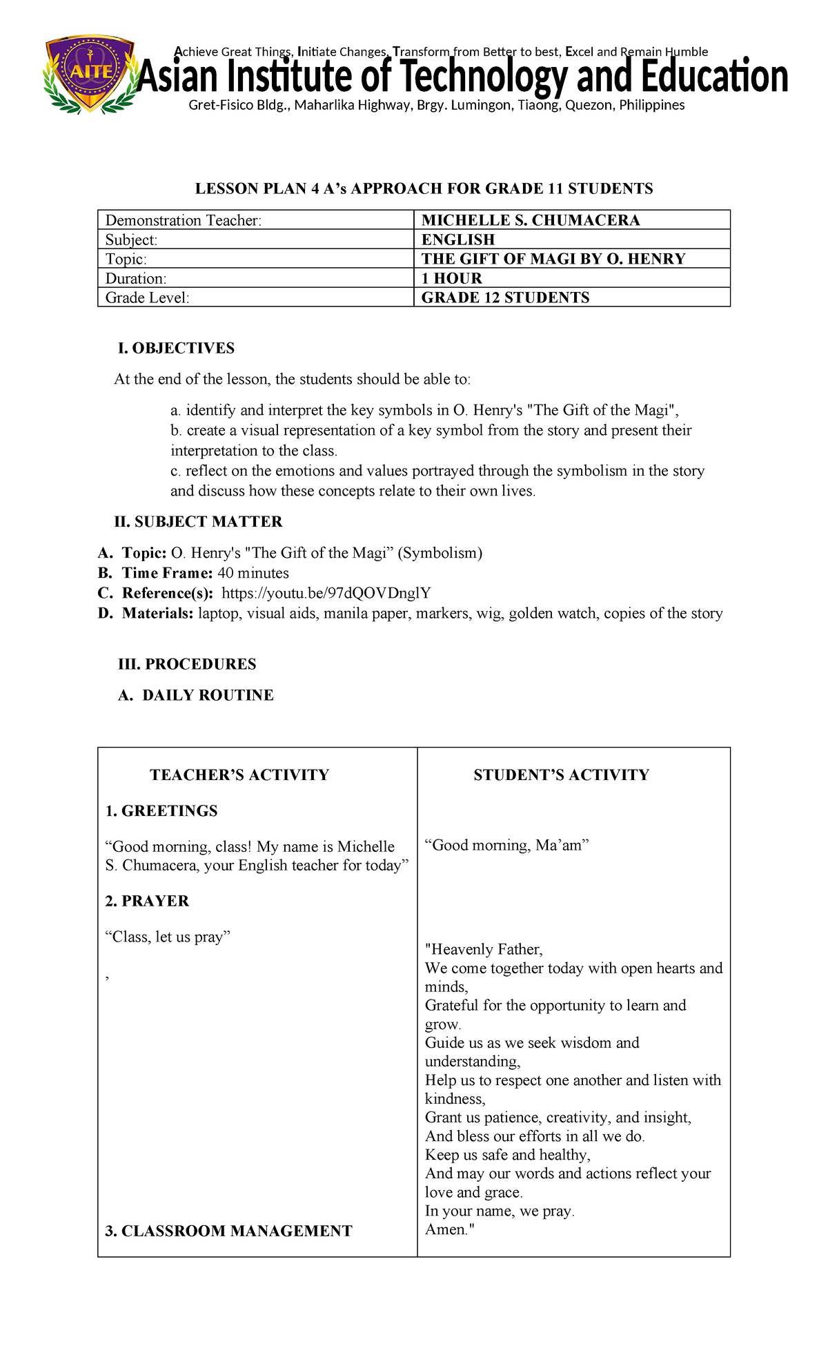 Chumacera Michelle DLP - LESSON PLAN 4 A’s APPROACH FOR GRADE 11 ...