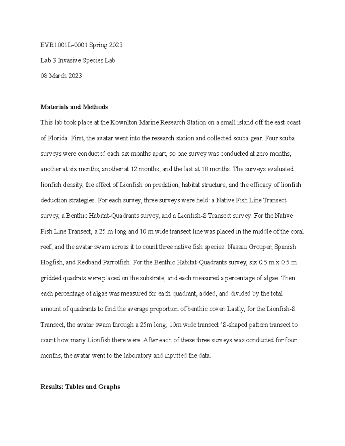 Lab 3 Invasive Species Lab - EVR1001L-0001 Spring 2023 Lab 3 Invasive ...