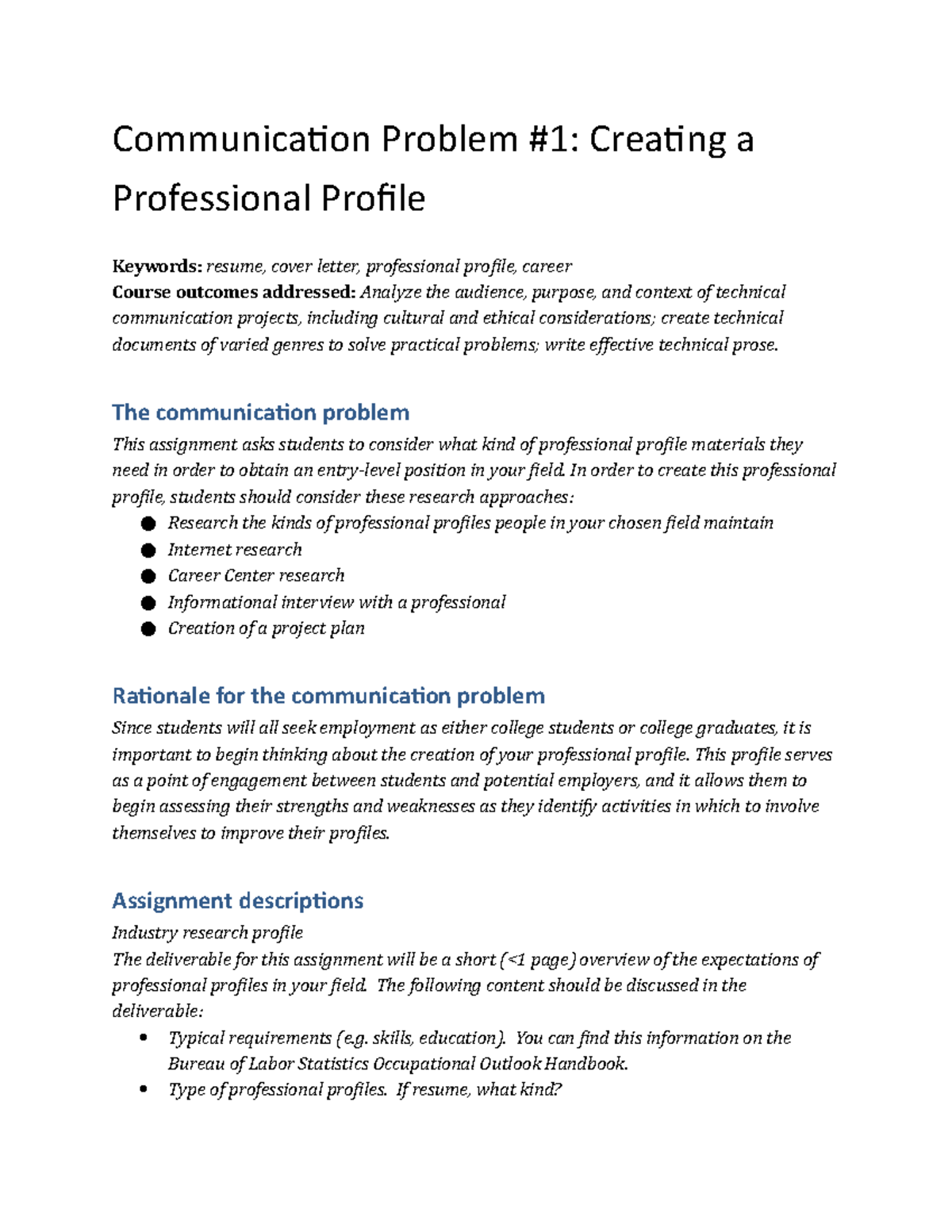 CP1 - Creating a Professional Profile - Communication Problem #1 ...