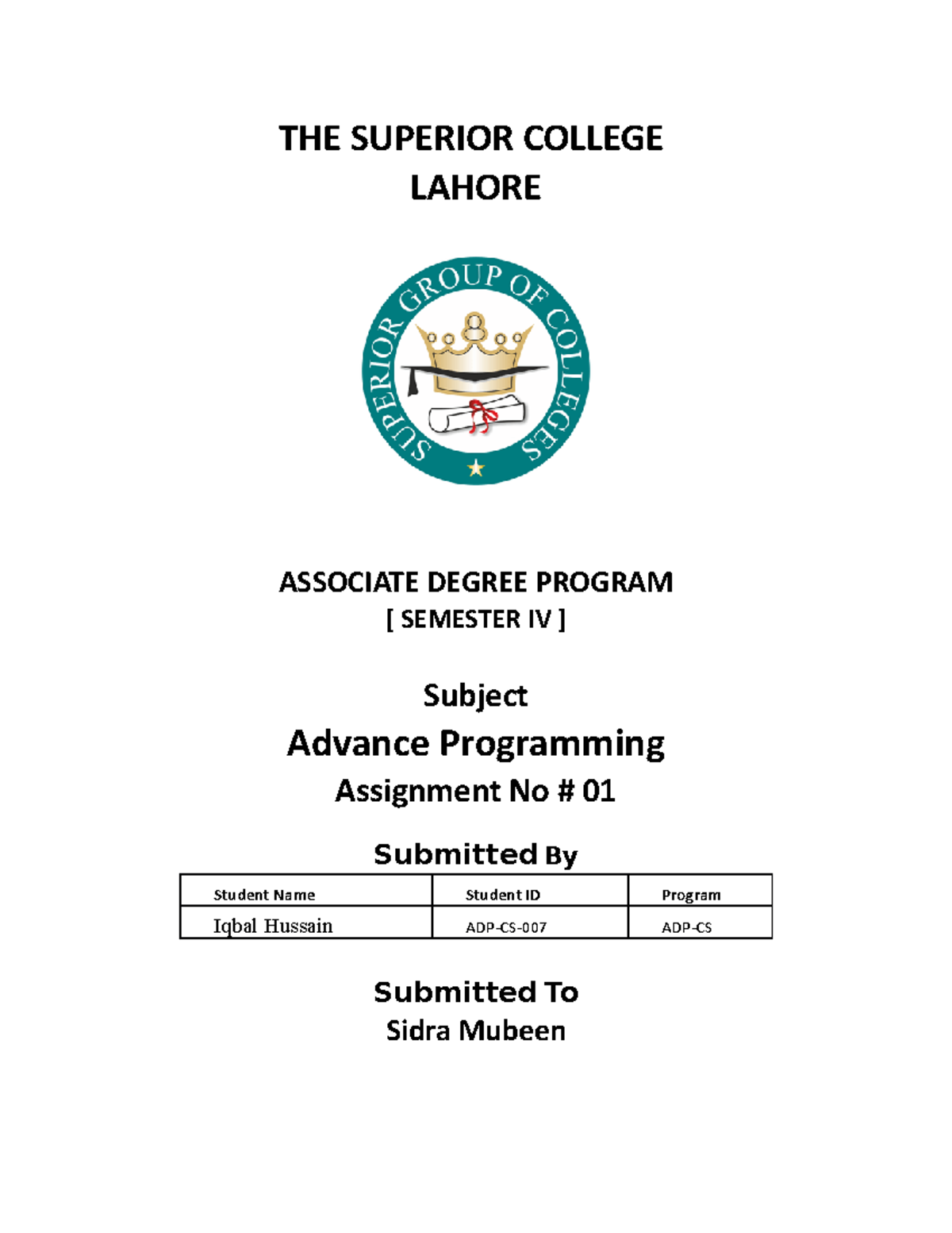 Iqbal_bhatti_assignment - THE SUPERIOR COLLEGE LAHORE ####### ASSOCIATE ...