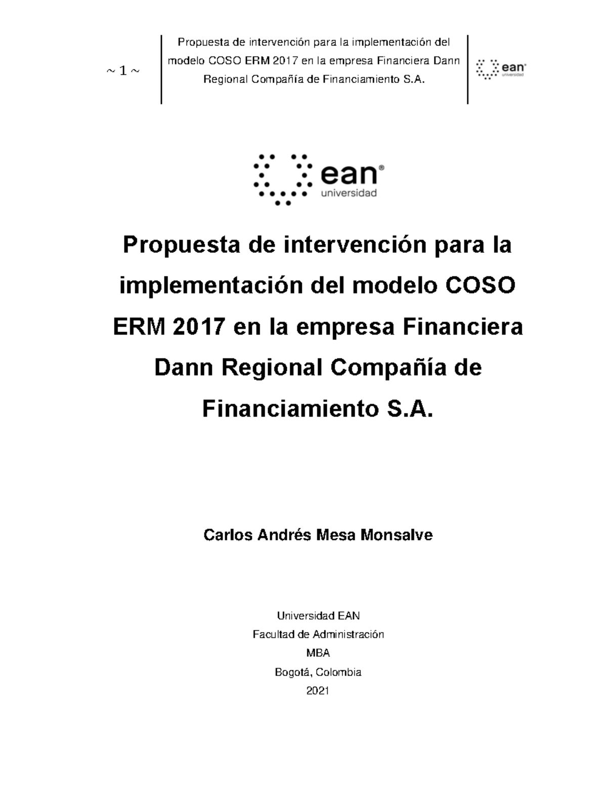 COSO 2017 UNO - ~ 1 ~ modelo COSO ERM 2017 en la empresa Financiera ...