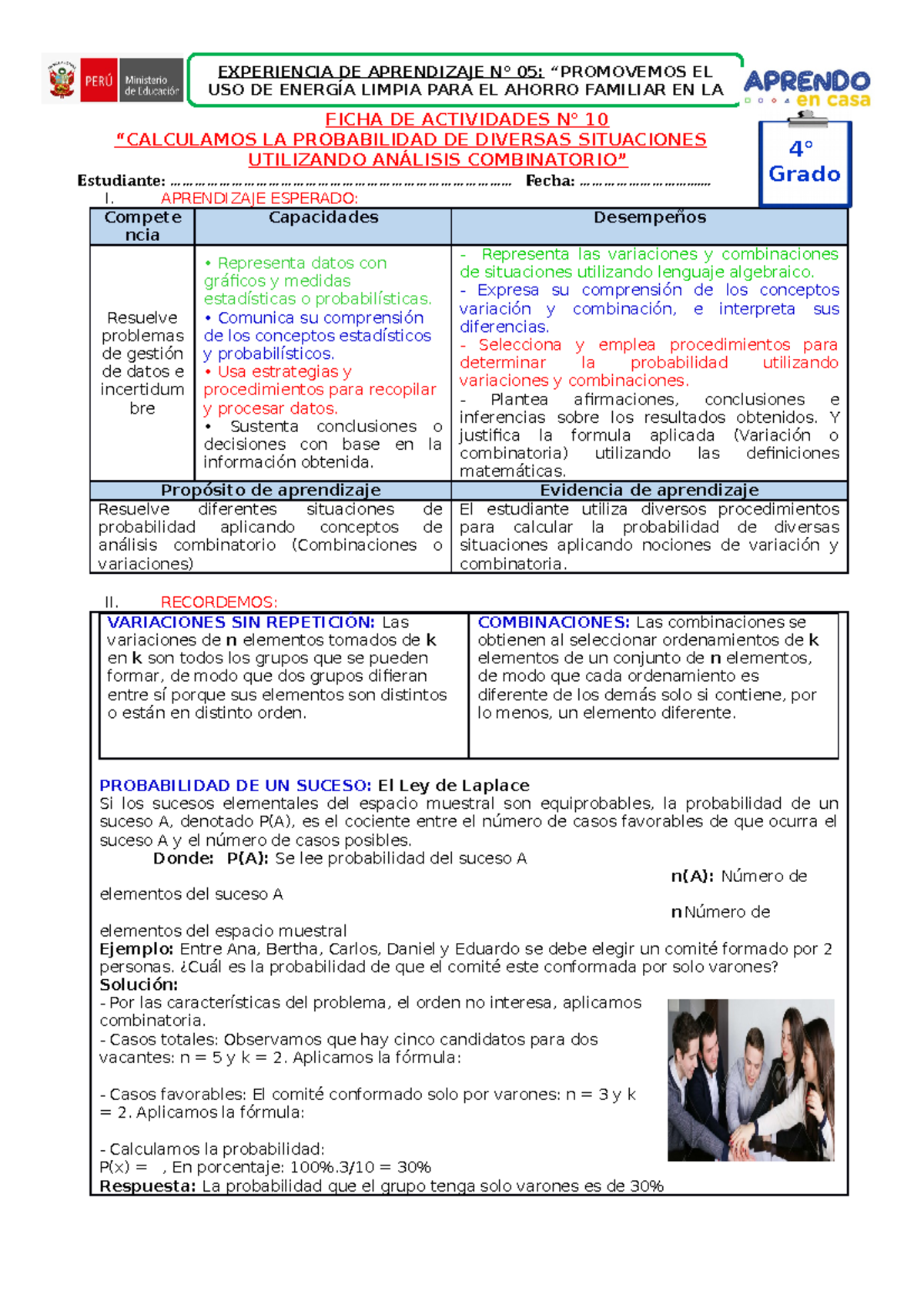 Ficha 10 - 4TO - EXP 5 - FICHA DE ACTIVIDADES N° 10 “CALCULAMOS LA PROBABILIDAD DE DIVERSAS ...