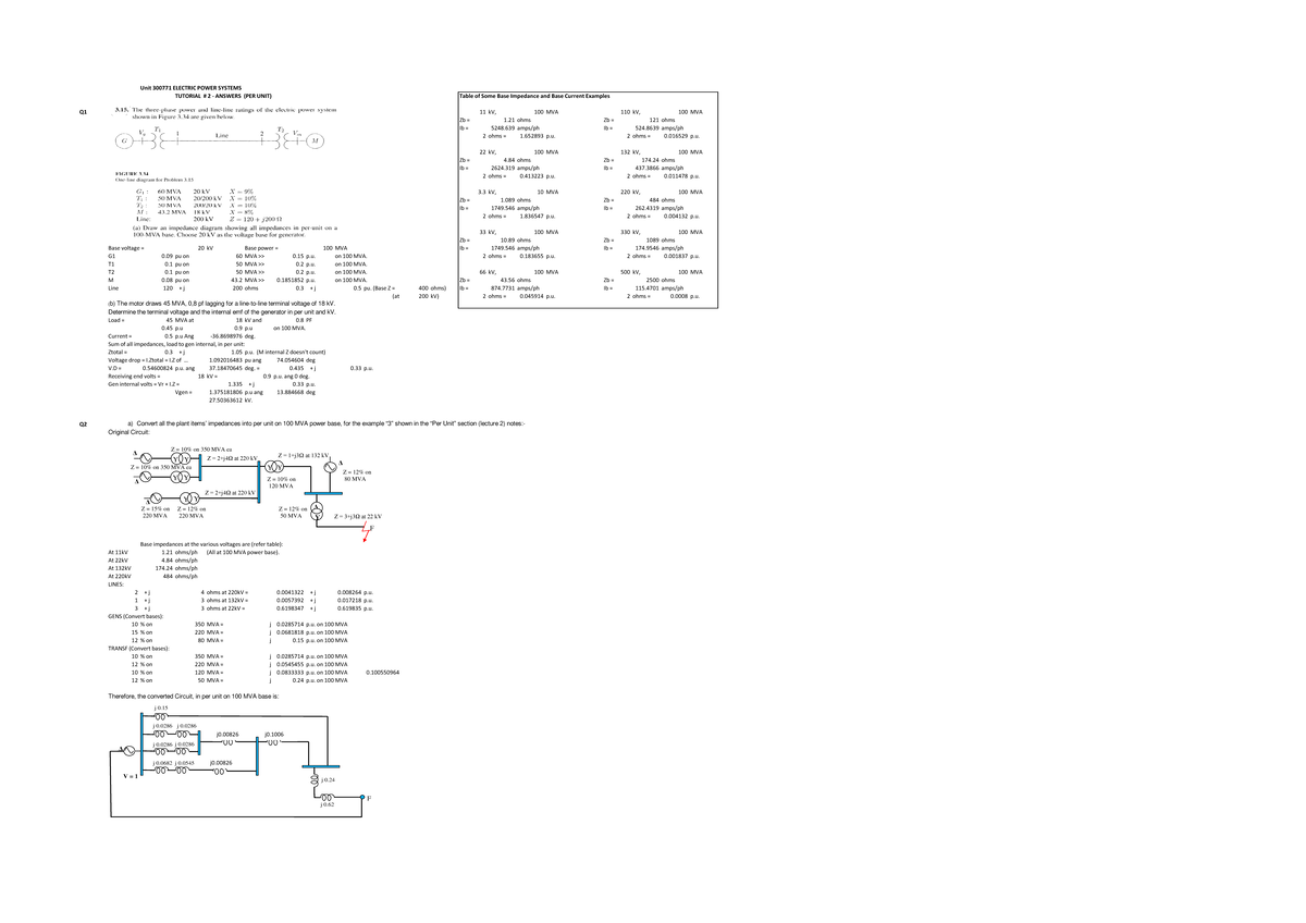 Power Systms 2013 Tute 2 Ans(1) - Unit 300771 ELECTRIC POWER SYSTEMS TUTORIAL # 2 - ANSWERS (PER ...