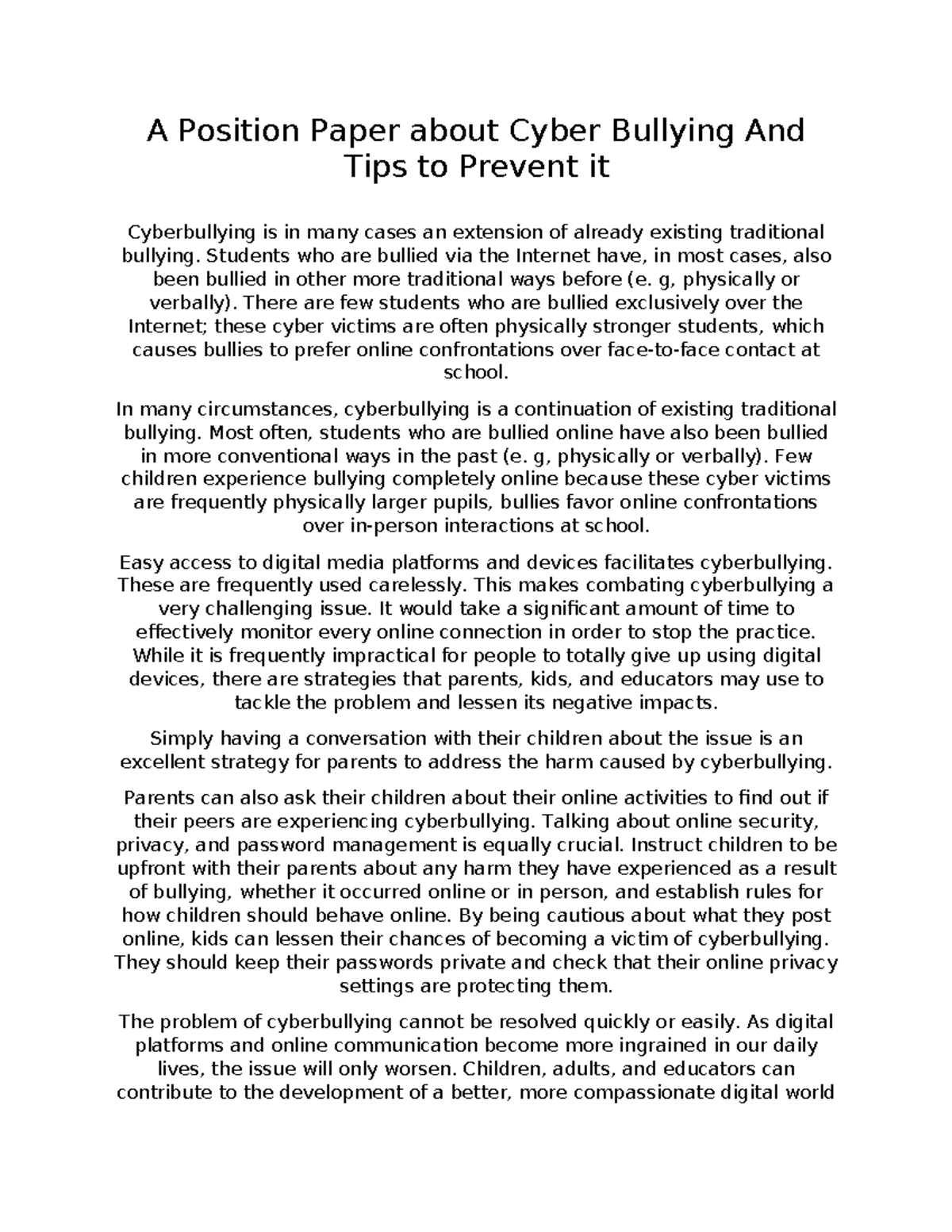 A Position Paper about Cyber Bullying And Tips to Prevent it - A ...
