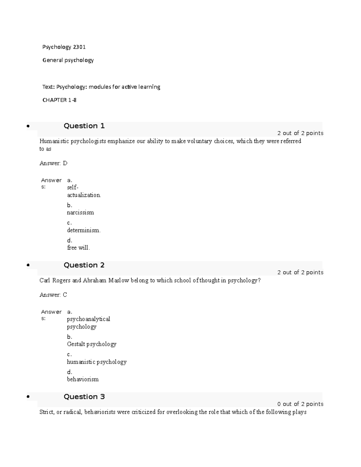 psychology quiz (modules for active learning) - Psychology 2301 General ...