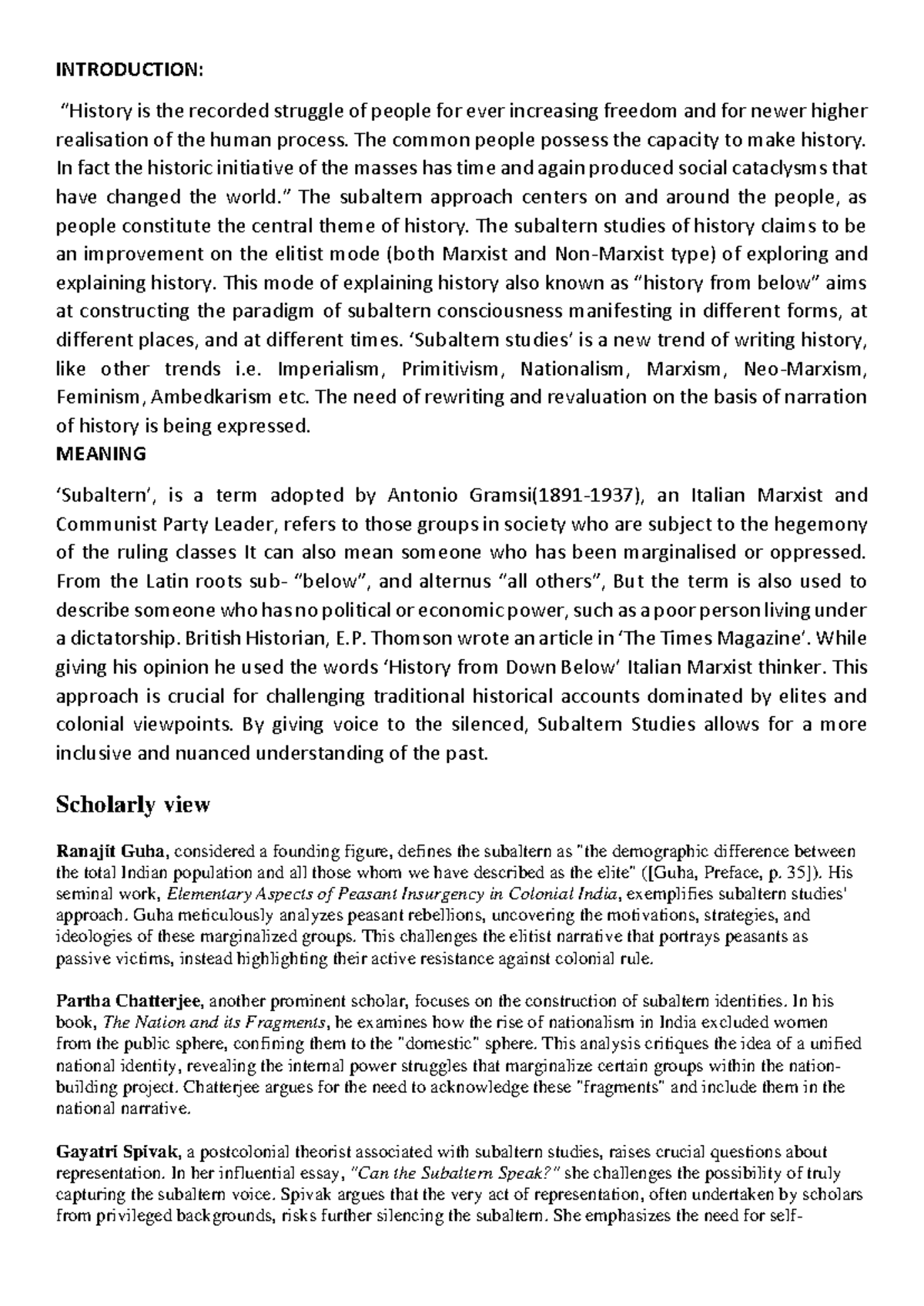 Subaltern studies - INTRODUCTION: “History is the recorded struggle of ...
