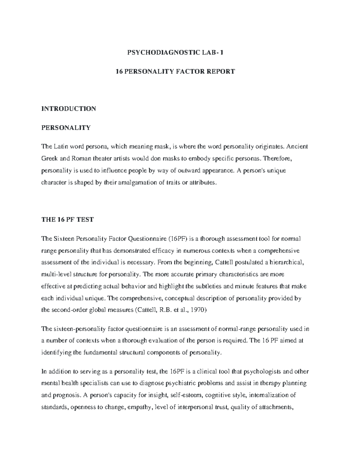 16 Personality Factor assessment - PSYCHODIAGNOSTIC LAB- 1 16 ...
