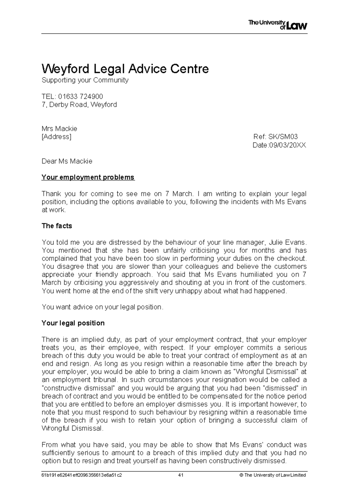 Workshop 2 letter of advice exemplar - Weyford Legal Advice Centre ...