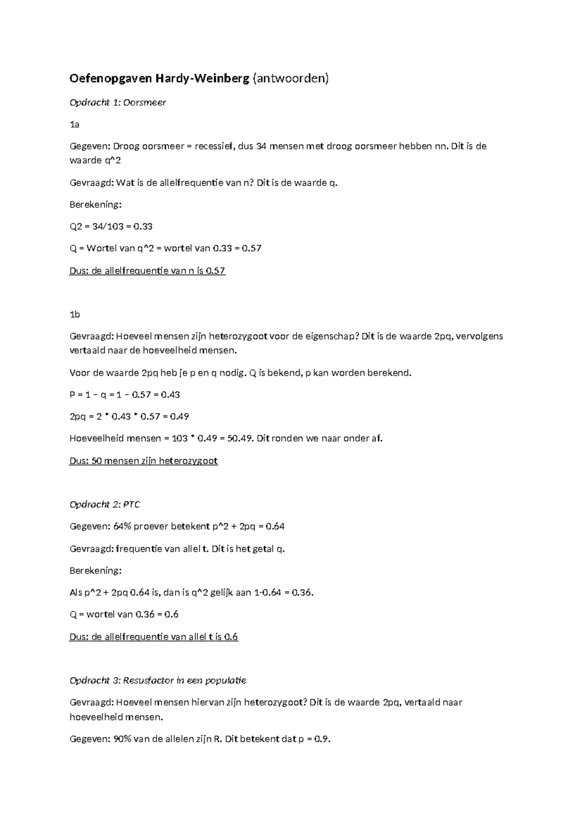 Oefenopgaven Hardy Weinberg Antwoorden Oefenopgaven Hardy Weinberg
