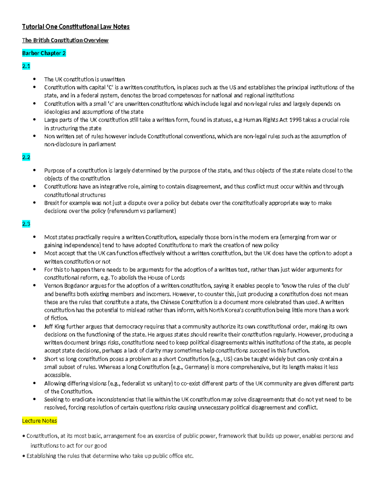 Tutorial One Constitutional Law Notes - The UK constitution is ...